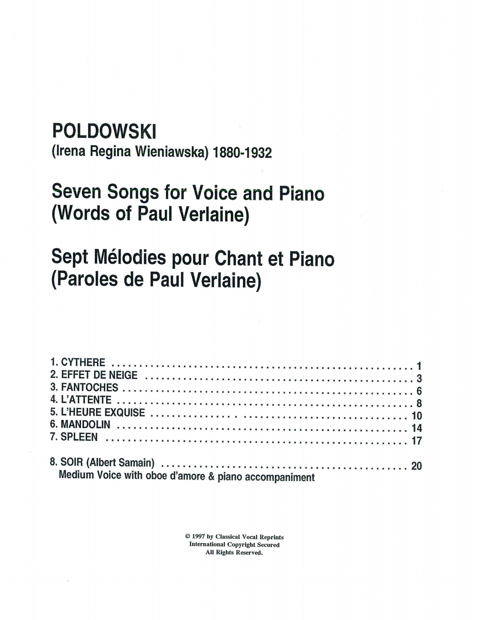 7 Songs (Verlaine) + Soir (Samain) voice w/ oboe d'amore & piano ...